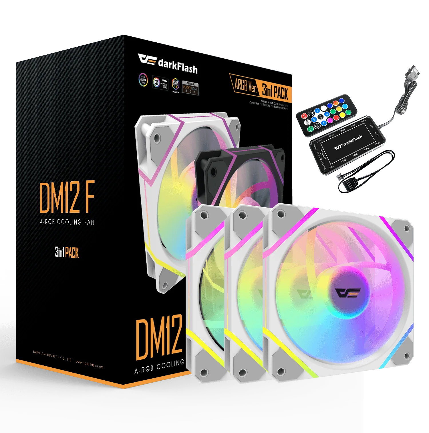DarkFlash DM12F A-RGB Cooling Fan 3 in 1 Pack - Black | White | Bermor ...