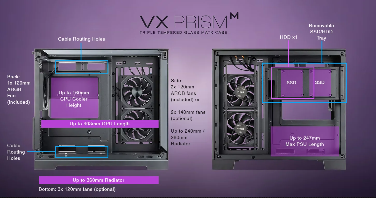 Tecware VX PRISM M Triple Tempered Glass MATX Case with 3 ARGB Fans ...