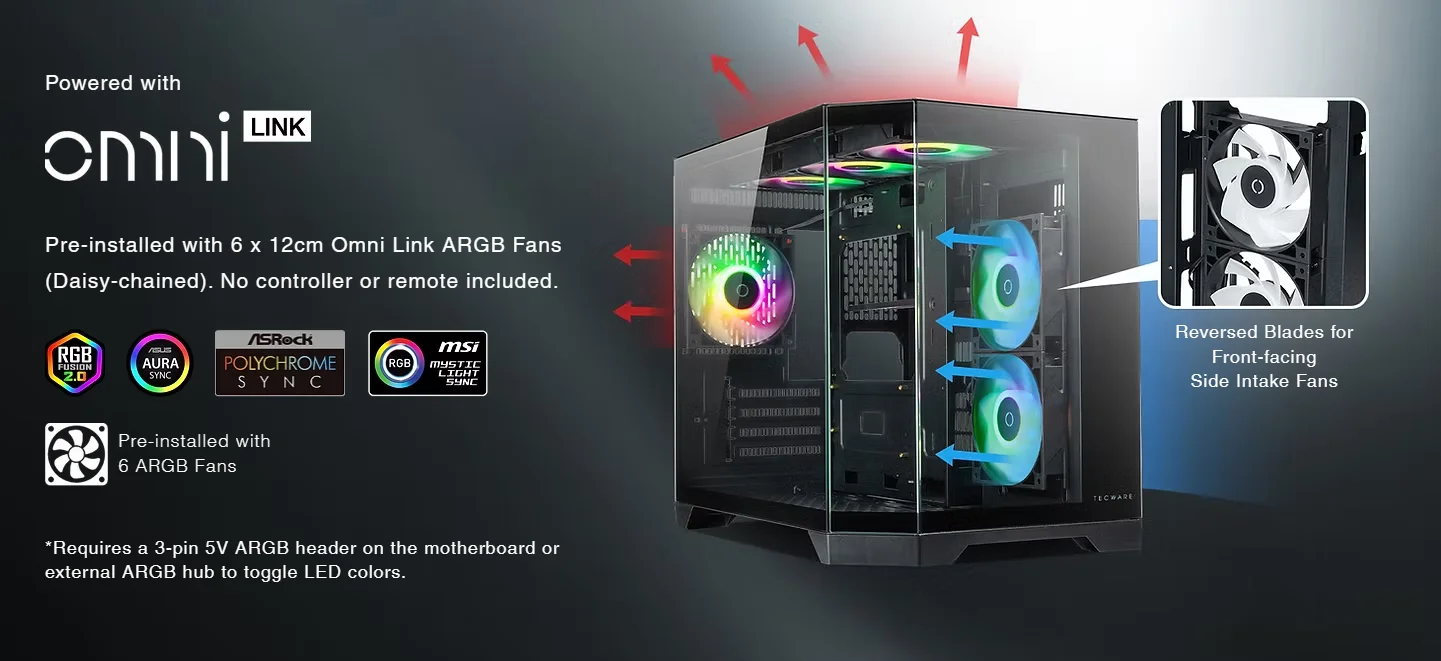 Tecware VX TRINITY M Triple Tempered Glass MATX Case with 6 ARGB Fans ...