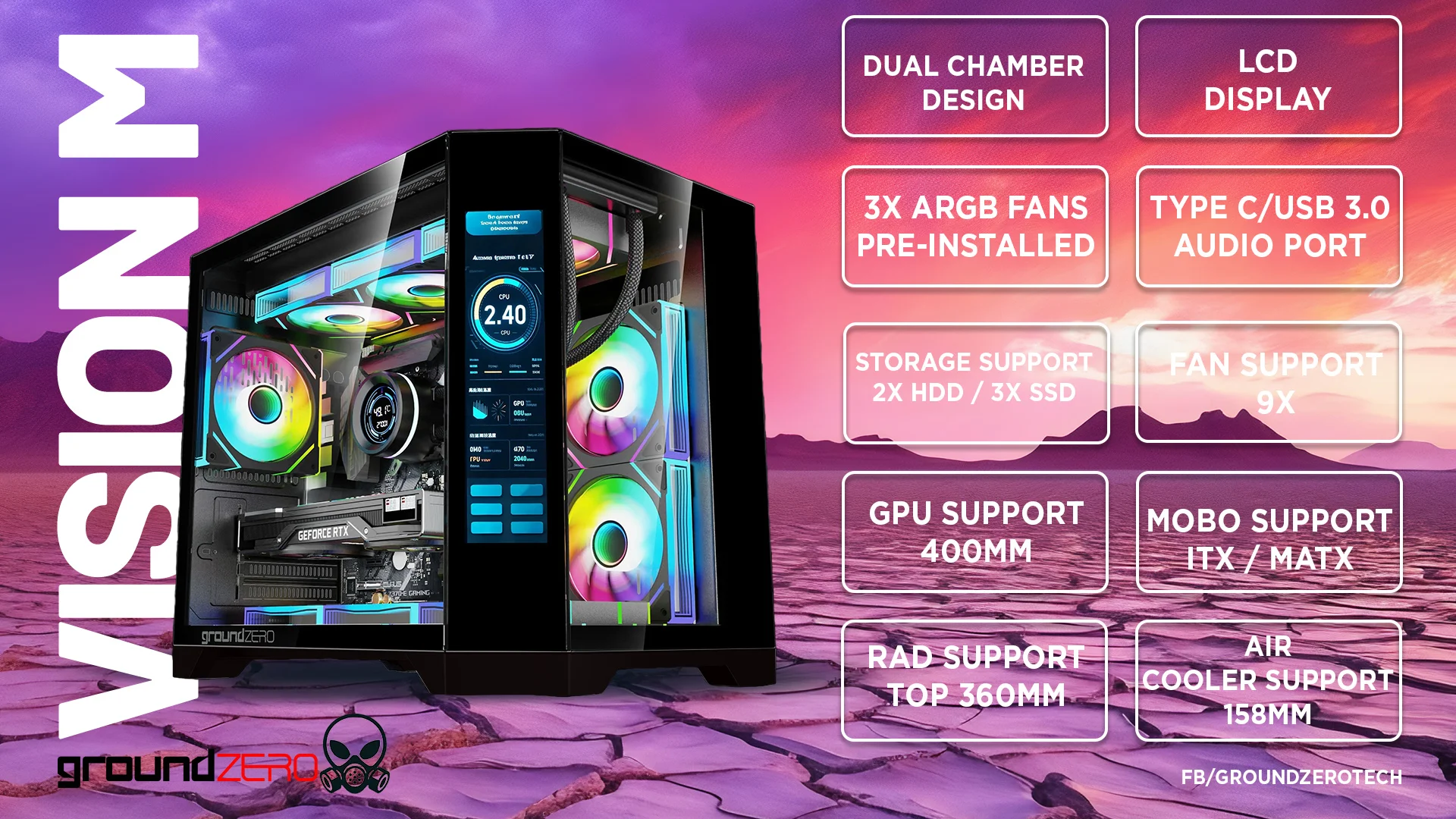groundZERO Vision M Dual Chamber Micro ATX Chassis with LCD Display | Bermor Techzone BTZ